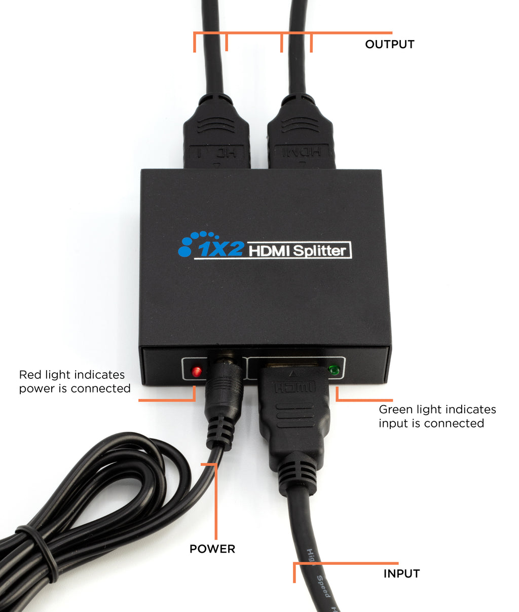 HD 1X2 HDMI Splitter Powered Kit - 2 Port Hub 1 in 2 Out - 2 HDMI Powe ...