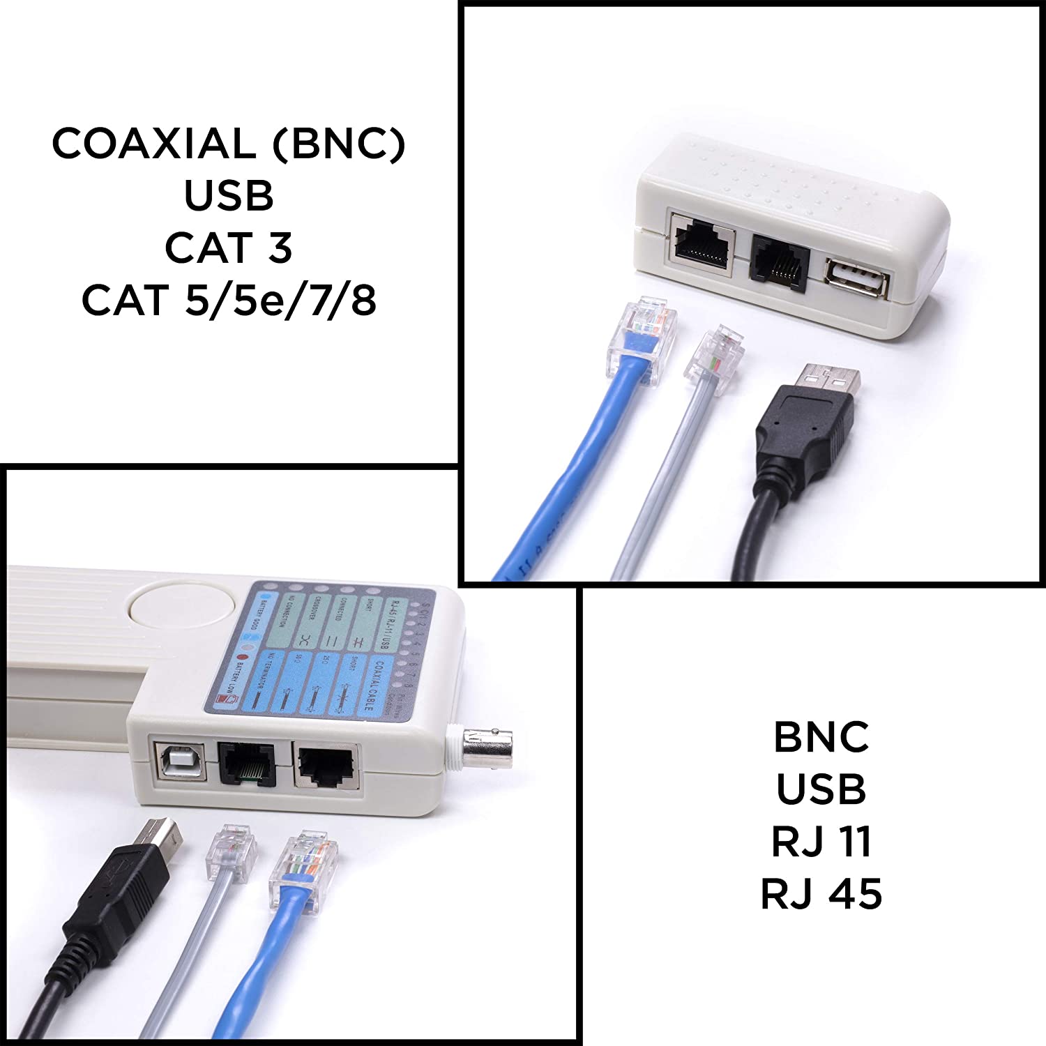 Universal Network Cable Tester Tool - BNC, RJ45, RJ11, USB 4-in-1 Wire ...